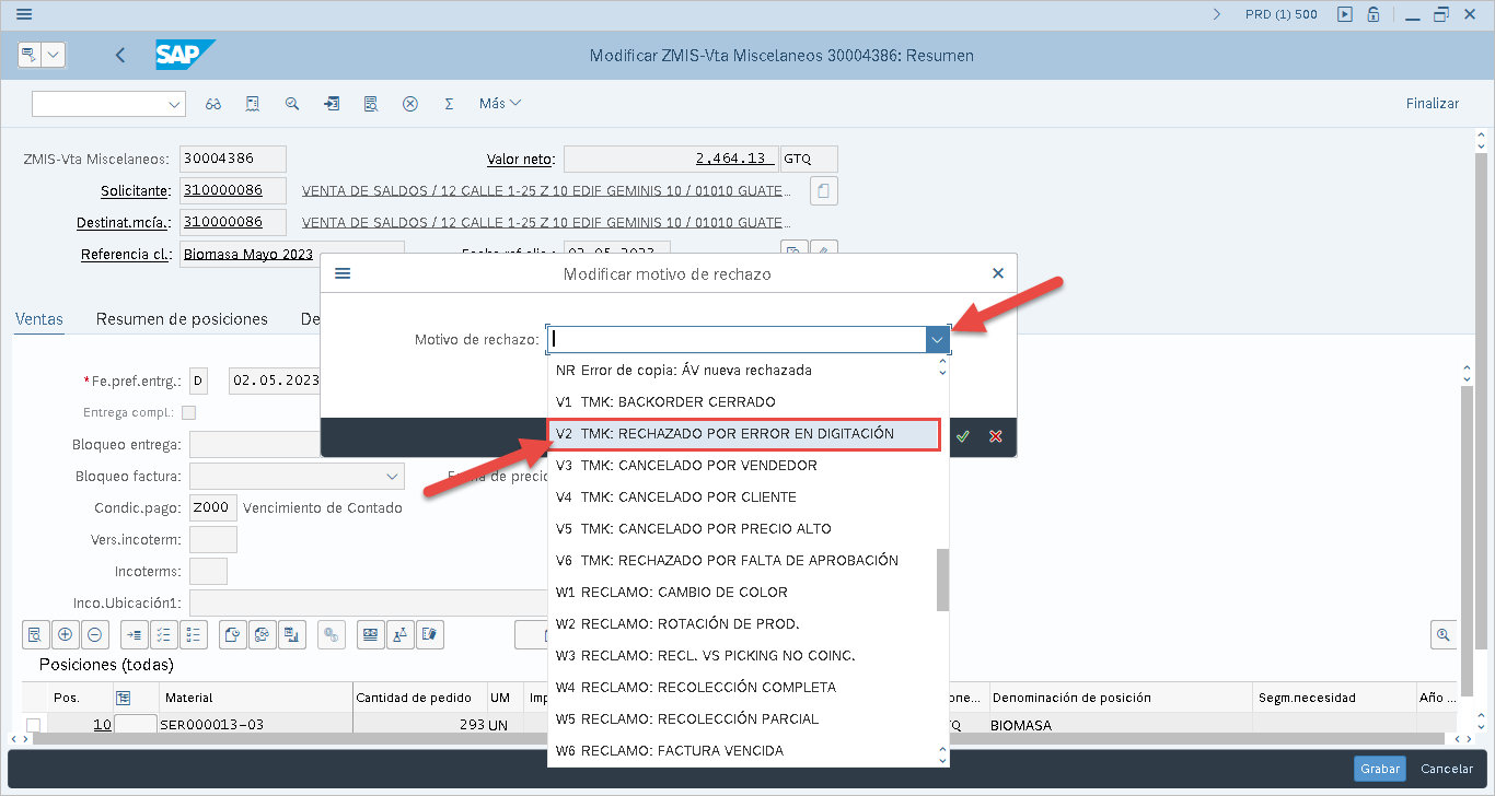 Artículo: Rechazar pedido de ventas - VA02
