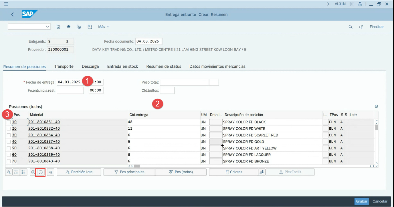Artículo: Crear Entrega Entrante - VL31N